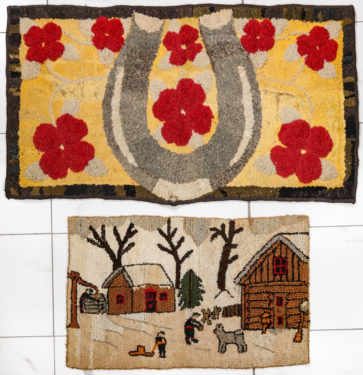 #195: TWO VINTAGE HOOKED RUGS INCLUDING PICTORIAL FARMSTEAD